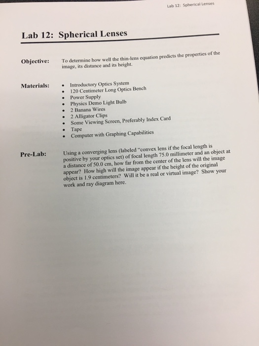 Solved Lab 12: Spherical Lenses Lab 12: Spherical Lenses To | Chegg.com