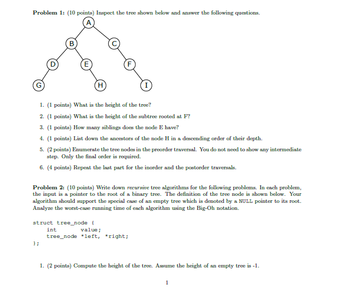 Problem 1: (10 points) Inspect the tree shown below | Chegg.com