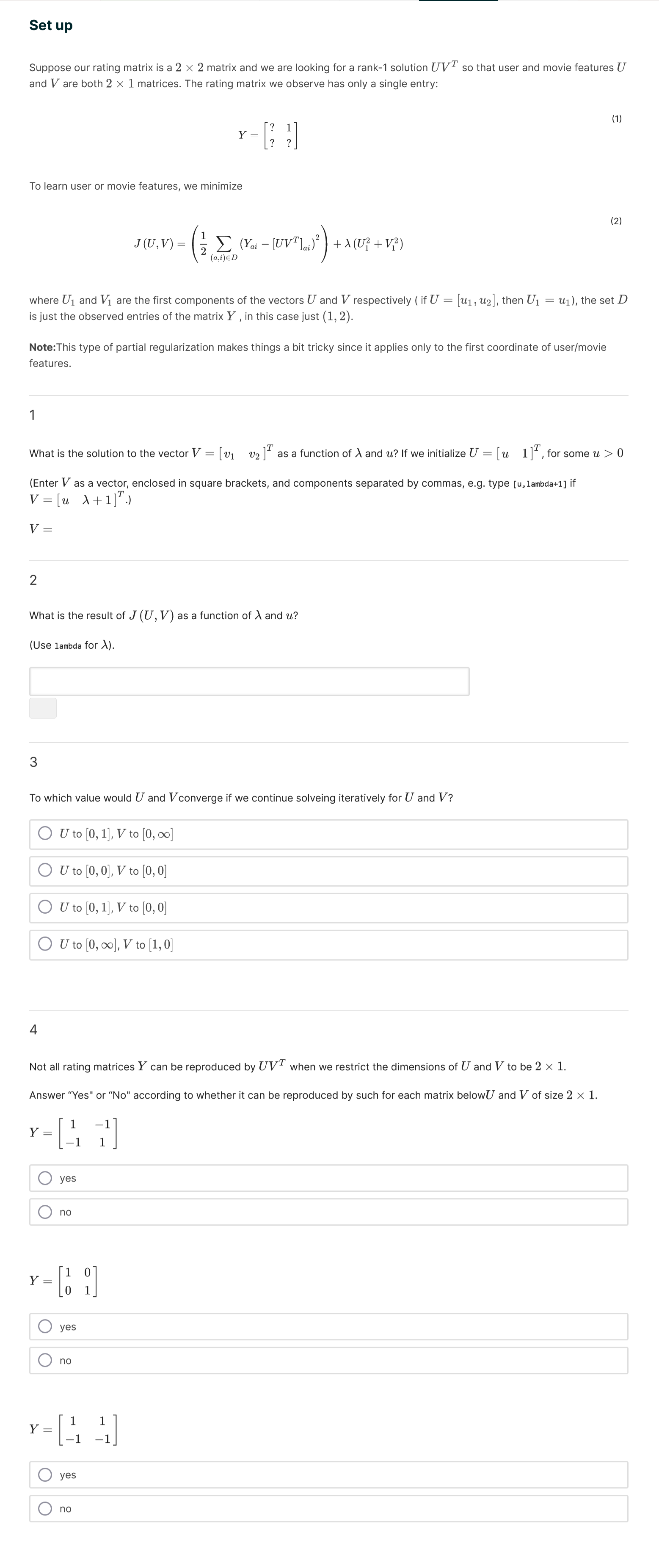 Solved Suppose our rating matrix is a 2×2 matrix and we are | Chegg.com