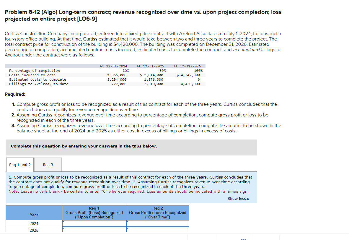 Solved Problem 6-12 (Algo) Long-term contract; revenue | Chegg.com Solved Problem 6-12 (Algo) Long-term contract; revenue | Chegg.com