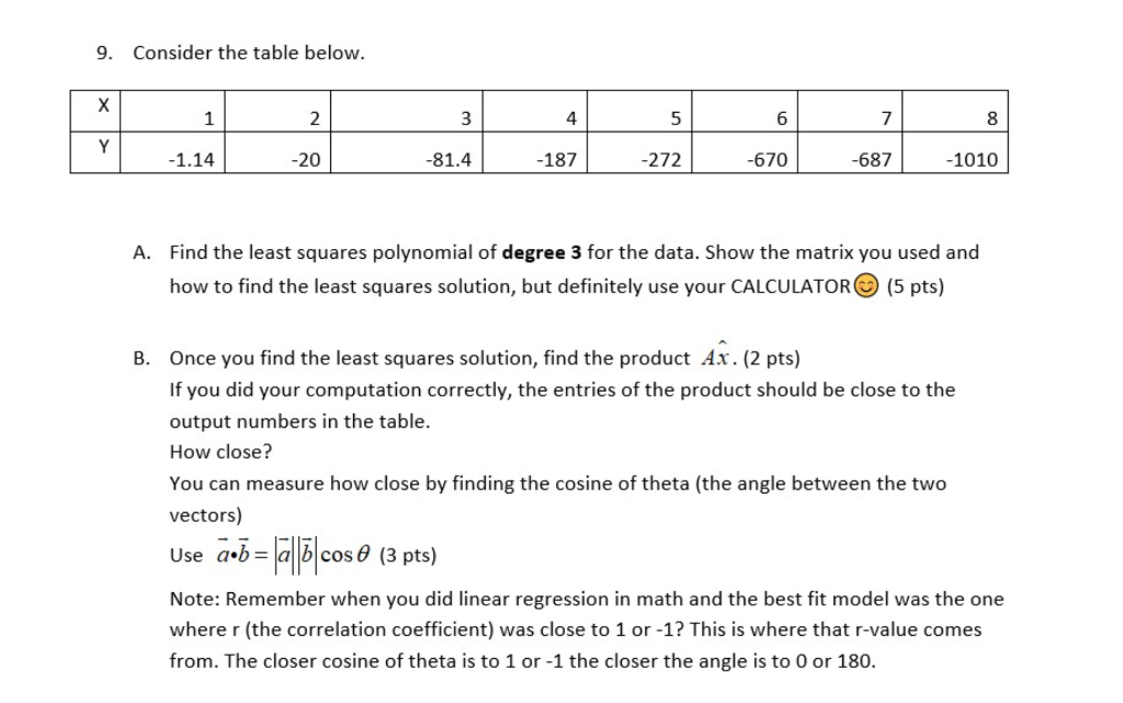 Solved 9. Consider the table below. х 1 2 3 4 5 6 7 8 Y | Chegg.com
