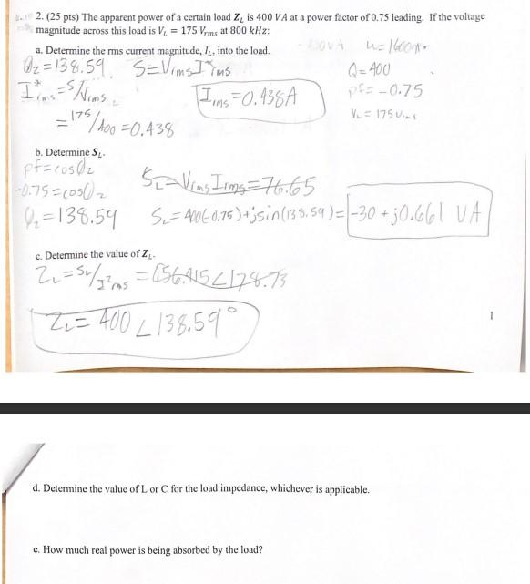 Solved 2. (25 pts) The apparent power of a certain load ZL | Chegg.com
