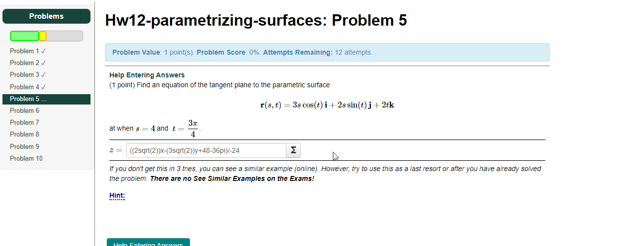 Hw12-parametrizing-surfaces: Problem 5 Problem Value: | Chegg.com