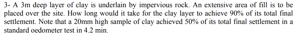 Solved 3- A 3m deep layer of clay is underlain by impervious | Chegg.com
