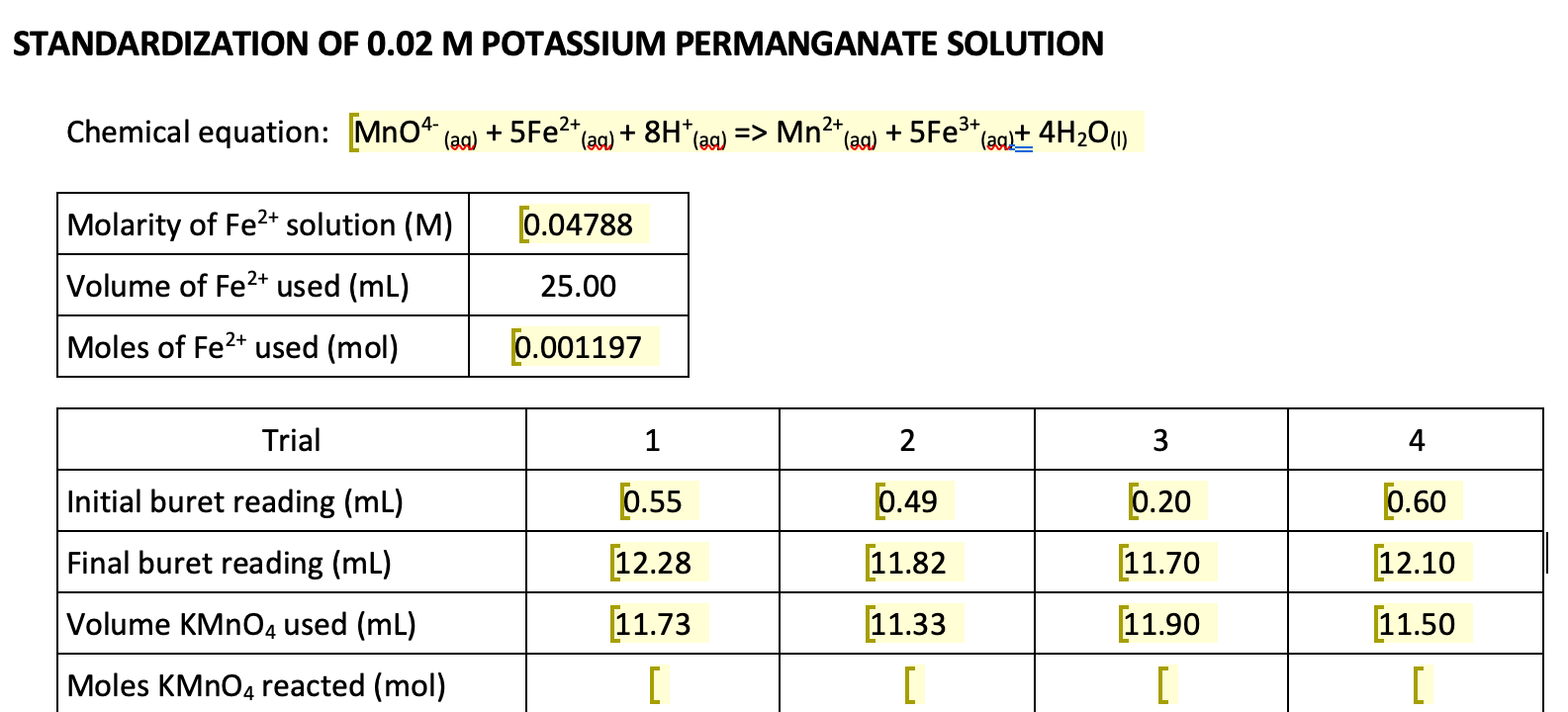 Solved STANDARDIZATION OF 0.02 M POTASSIUM PERMANGANATE | Chegg.com
