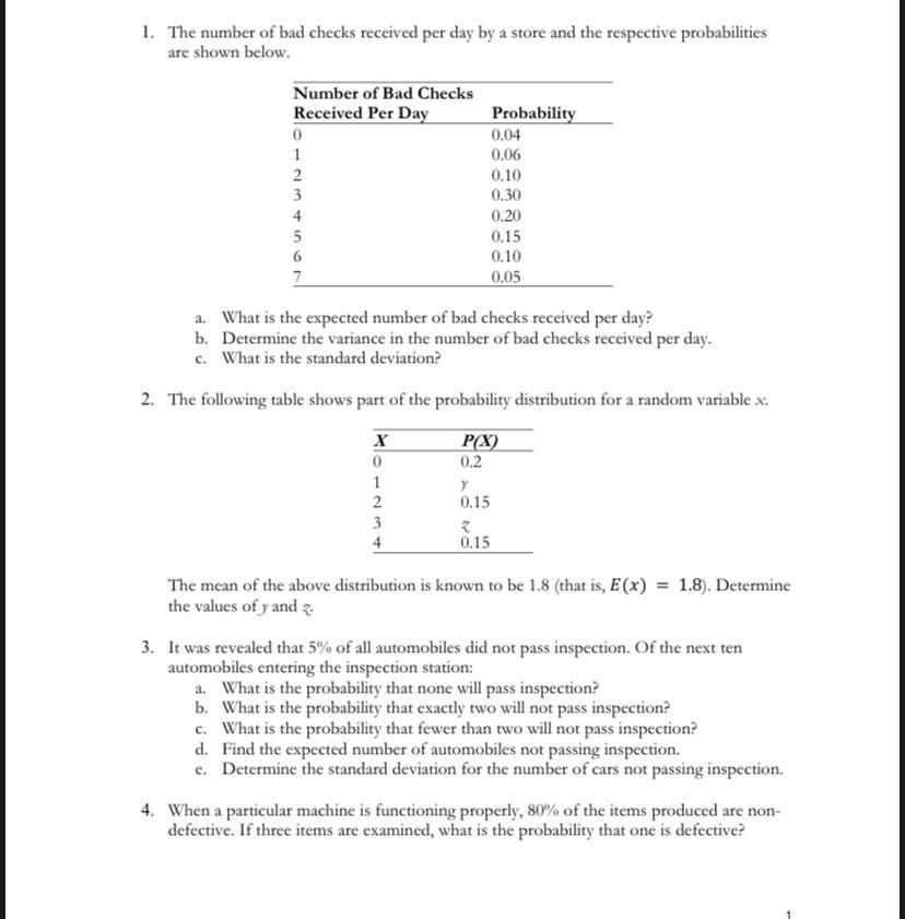 Solved 1. The number of bad checks received per day by a | Chegg.com