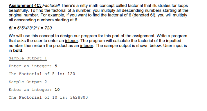 Solved Assignment 4C: Factorial! There's a nifty math | Chegg.com
