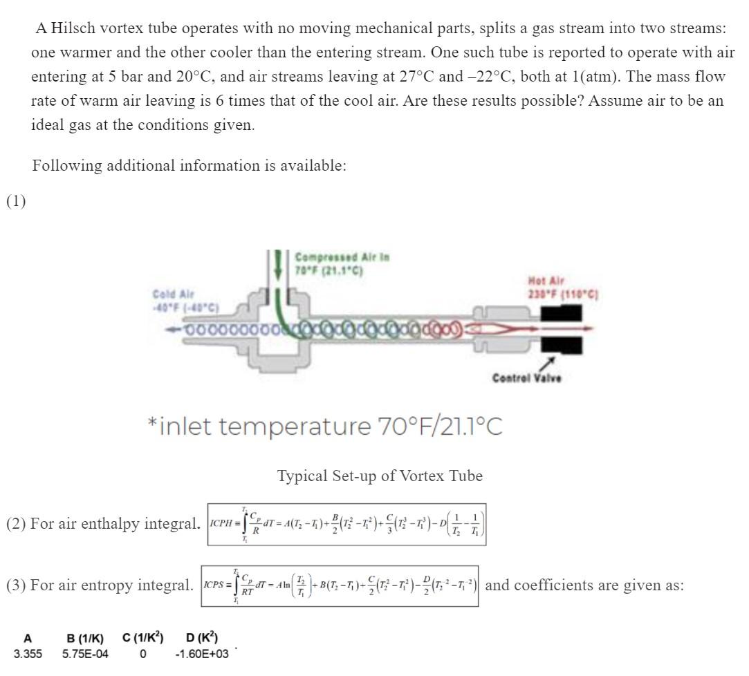 Solved A Hilsch vortex tube operates with no moving | Chegg.com