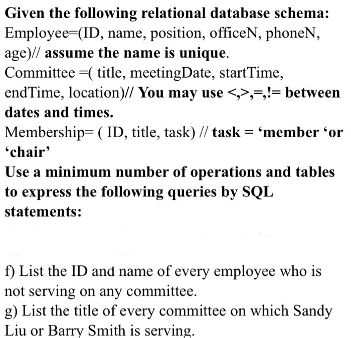 Solved Given the following relational database schema: | Chegg.com