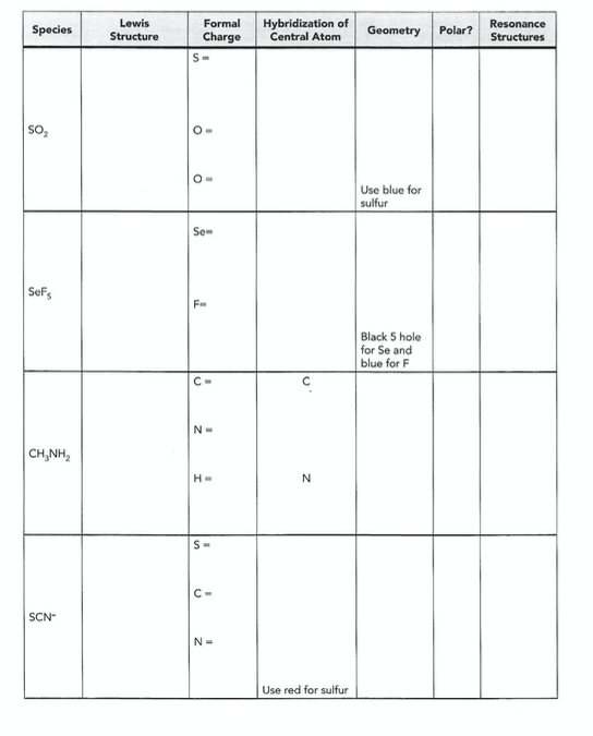 Solved Species Lewis Structure Formal Charge Hybridization | Chegg.com