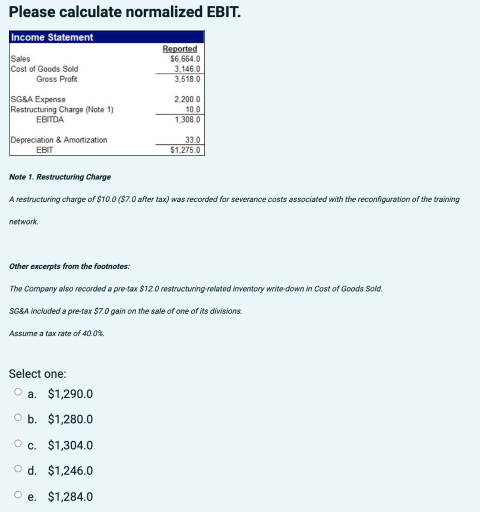Solved Please calculate normalized EBIT. Income Statement | Chegg.com