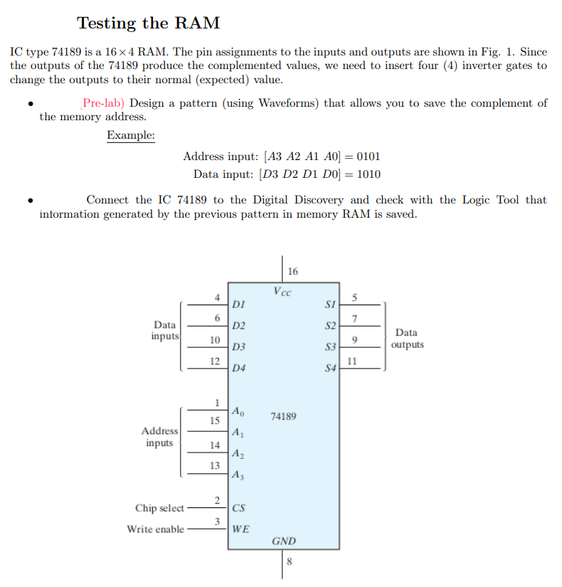 Testing the RAMIC type 74189 ﻿is a 16×4 ﻿RAM. The pin | Chegg.com