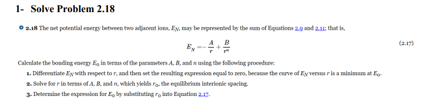 Solved EN=−rA+rnB Calculate the bonding energy E0 in terms | Chegg.com