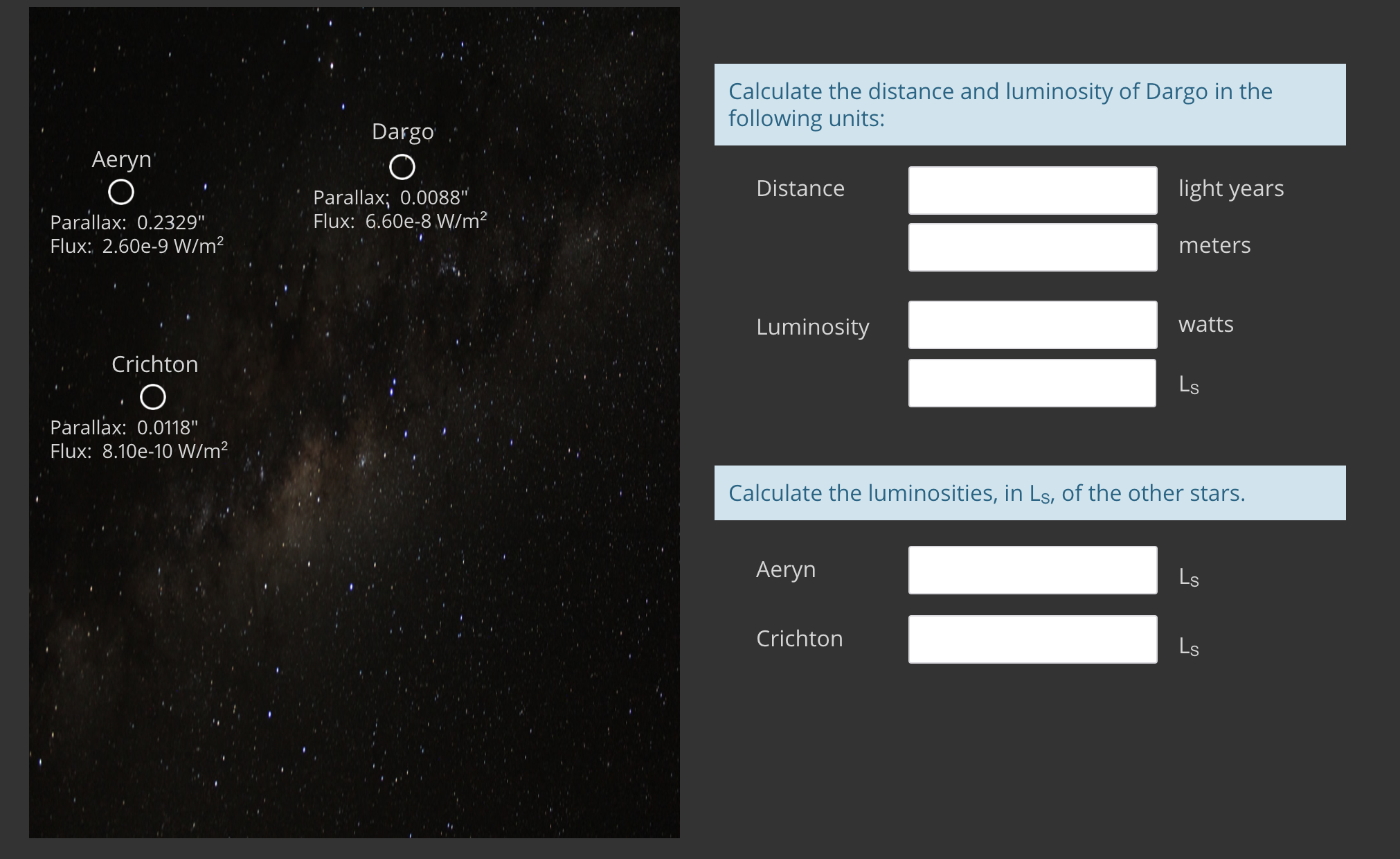 Solved Calculate the distance and luminosity of Dargo in the | Chegg.com