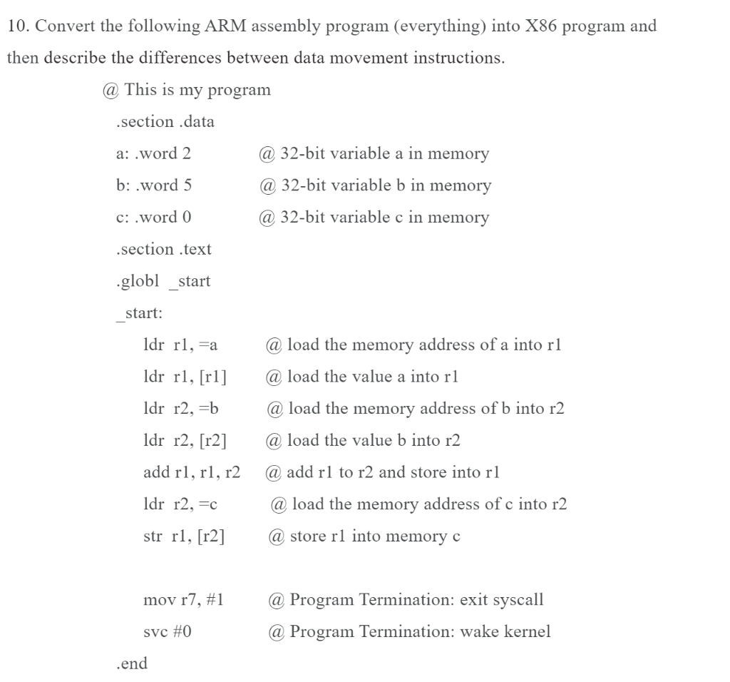 10. Convert the following ARM assembly program | Chegg.com