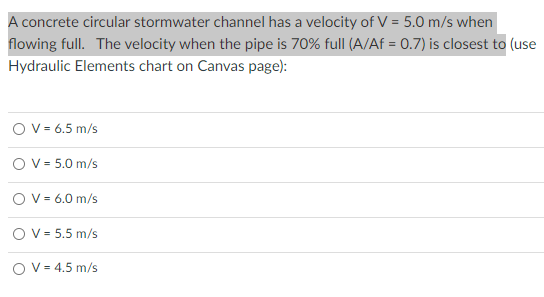 Solved A concrete circular stormwater channel has a velocity | Chegg.com