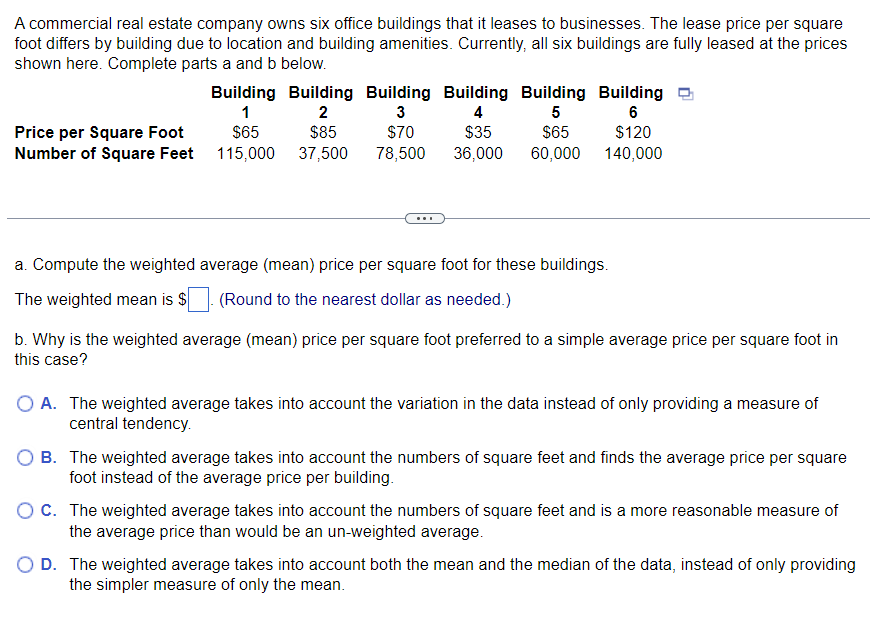 Solved A commercial real estate company owns six office | Chegg.com