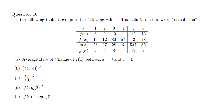 Solved Question 10Use the following table to compute the | Chegg.com