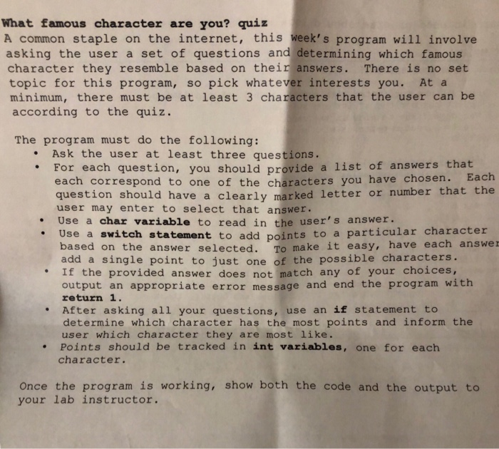 Solved What famous character are you? quiz A common staple | Chegg.com