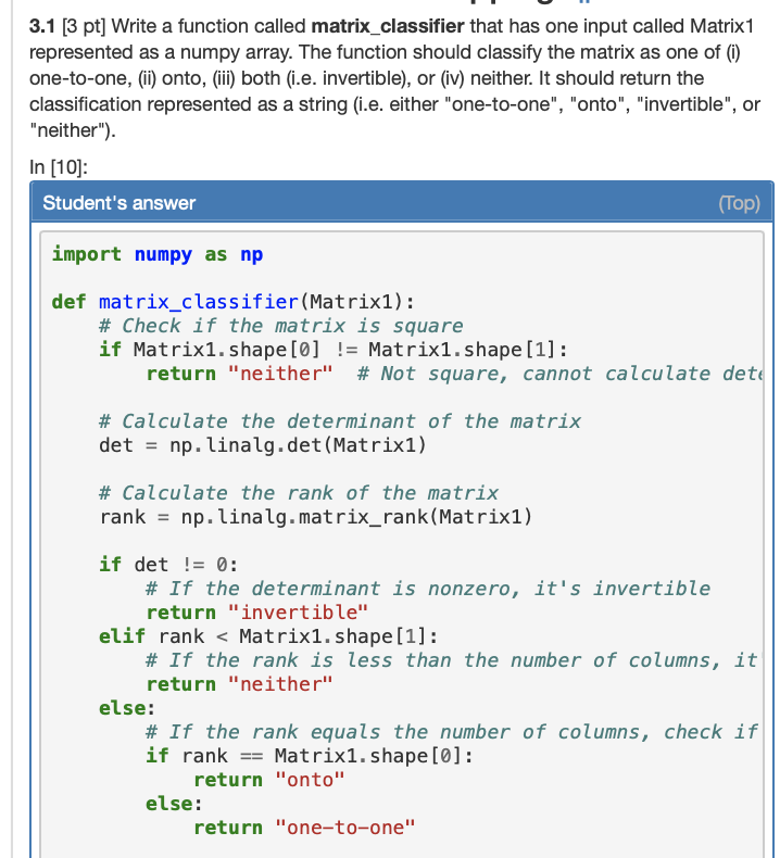 Solved 3.1 [3 pt] Write a function called matrix_classifier | Chegg.com