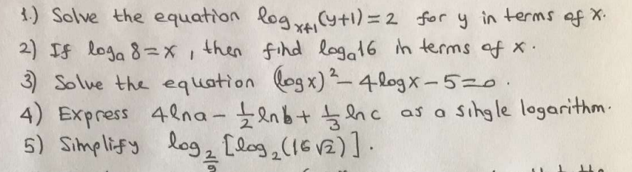 Solved 1.) Solve the equation logx+1(y+1)=2 for y in terms | Chegg.com