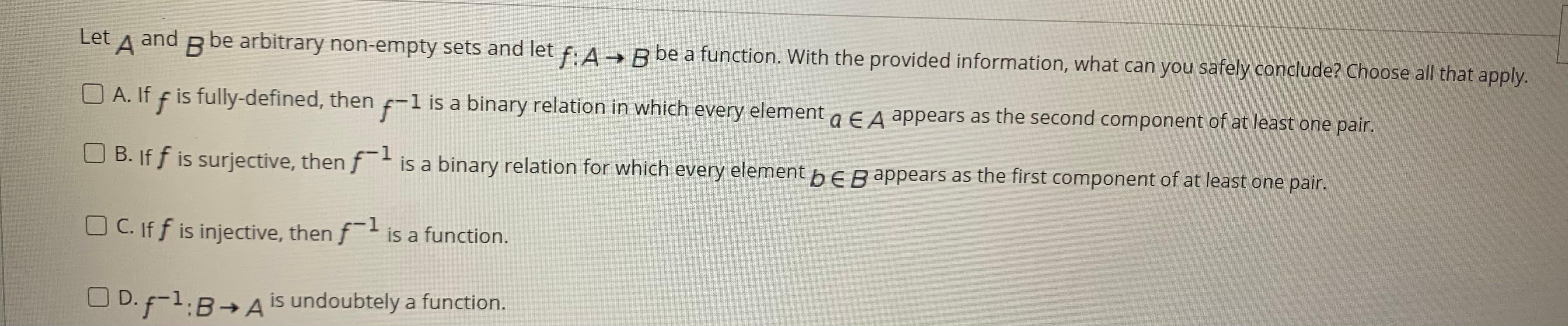Solved Let A and B be arbitrary non-empty sets and let f:A → | Chegg.com