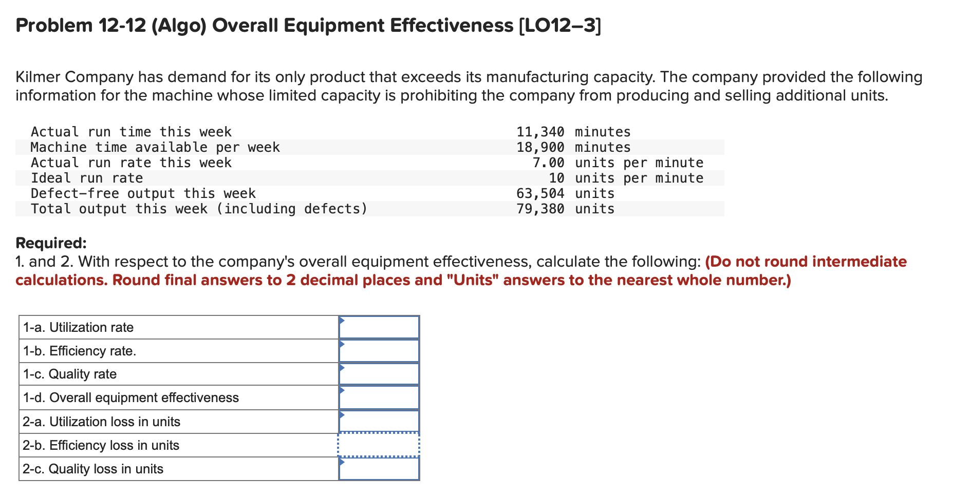 Solved Problem 12-12 (Algo) Overall Equipment Effectiveness | Chegg.com