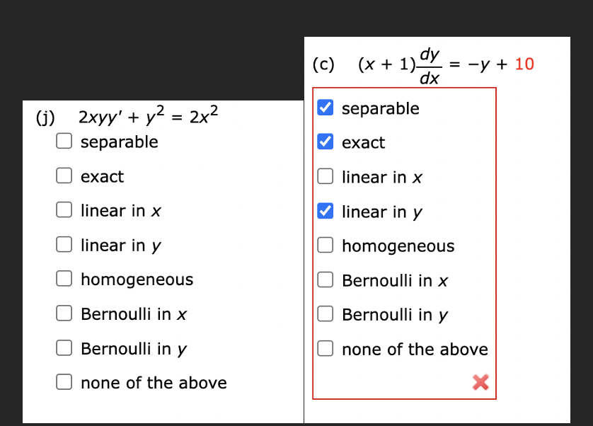 Solved (m) dxdy=yx+xy+1 separable exact linear in x linear | Chegg.com