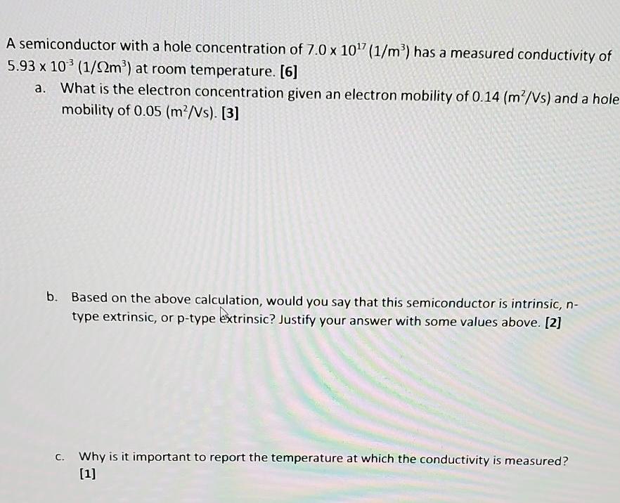 Solved A semiconductor with a hole concentration of | Chegg.com