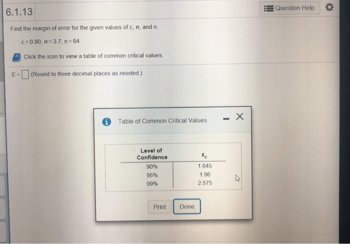 Solved X) 6.1.5 Question Help Find the critical value zc | Chegg.com
