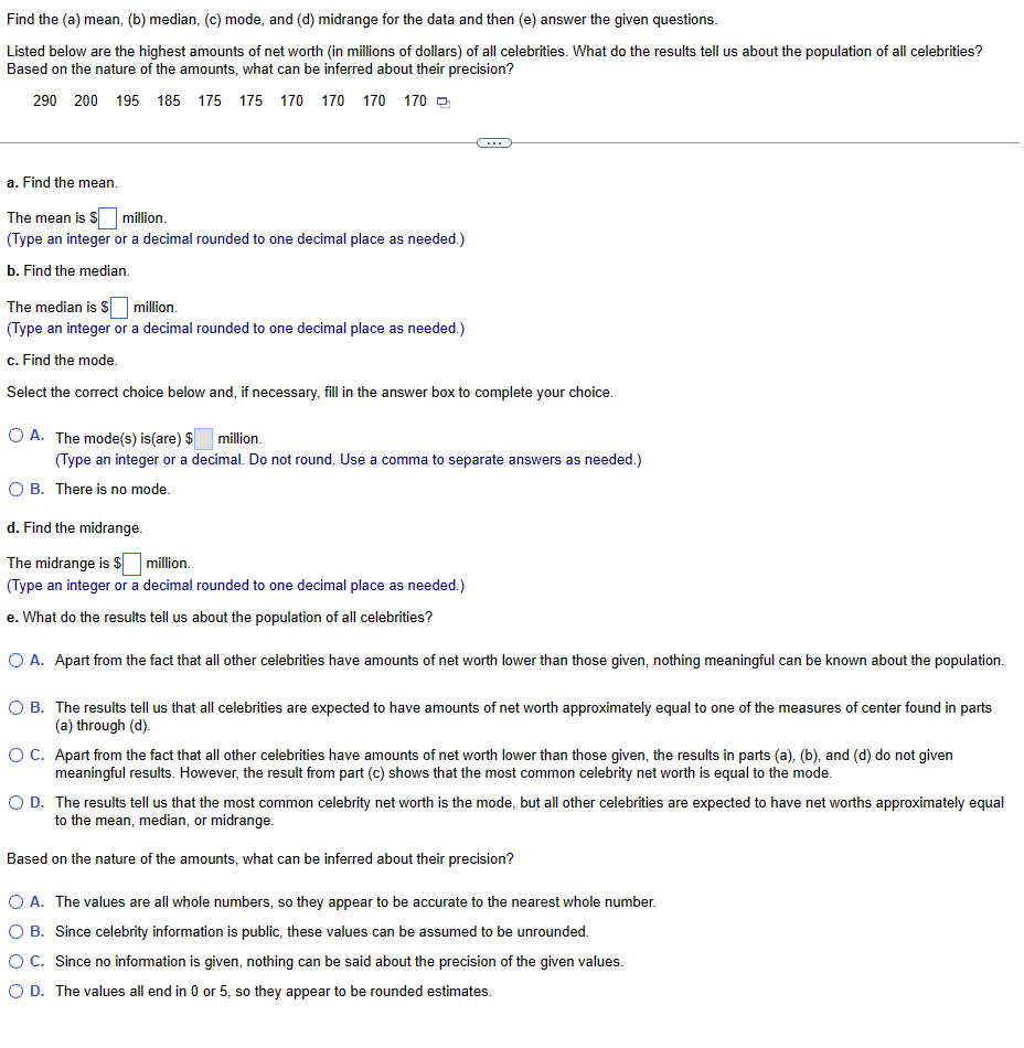 Solved Find the (a) mean, (b) median, (c) mode, and (d) | Chegg.com