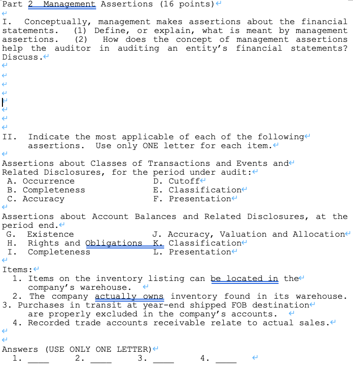Solved Part 2 Management Assertions (16 points) I. | Chegg.com