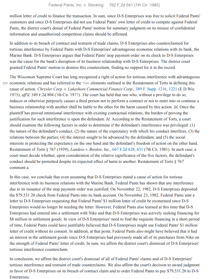 Solved Federal Pants, Inc. v. Stocking 762 F.2d 561 (7th | Chegg.com