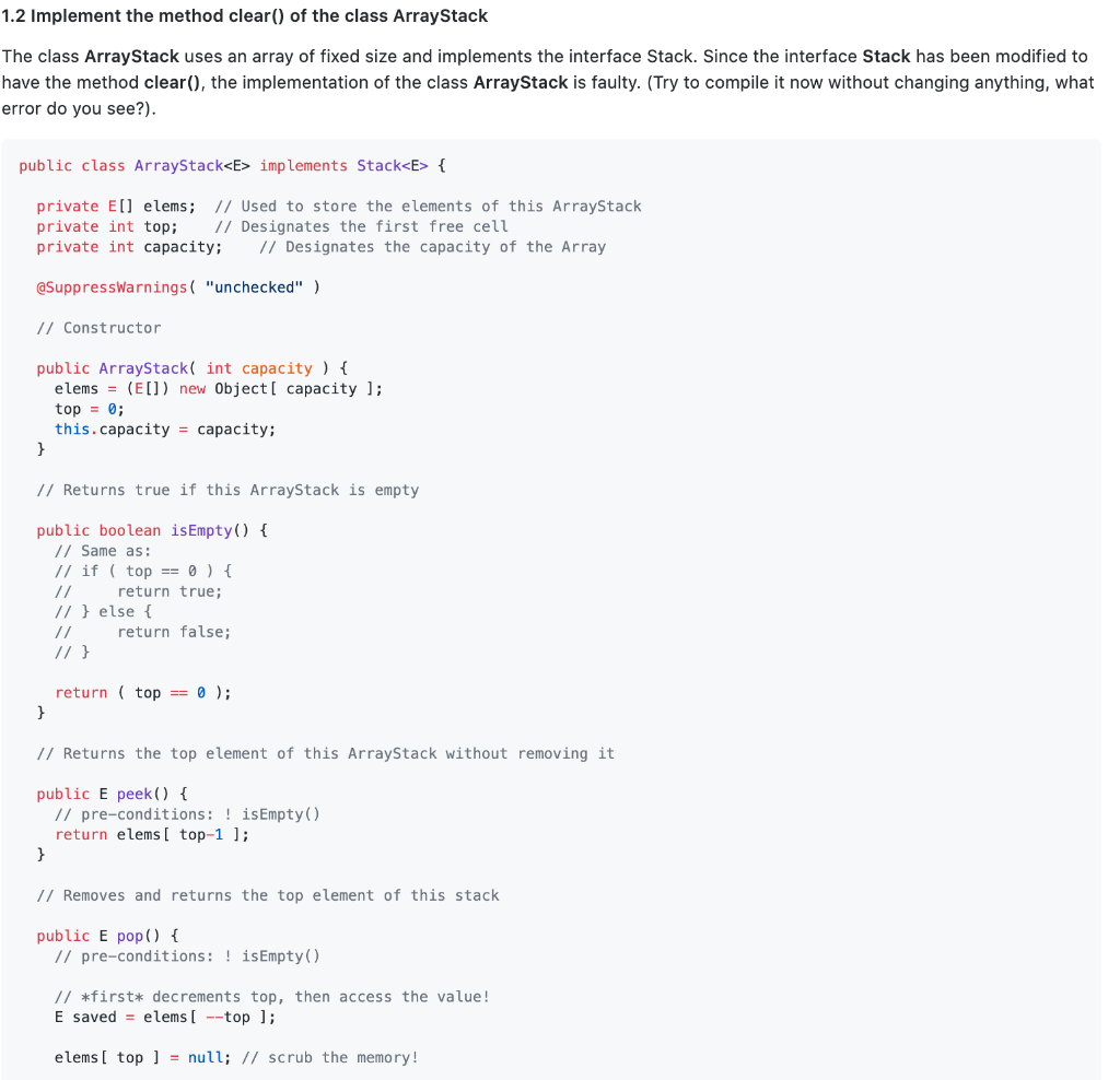 Solved 1.1 Modify the interface Stack: add a method clear() | Chegg.com