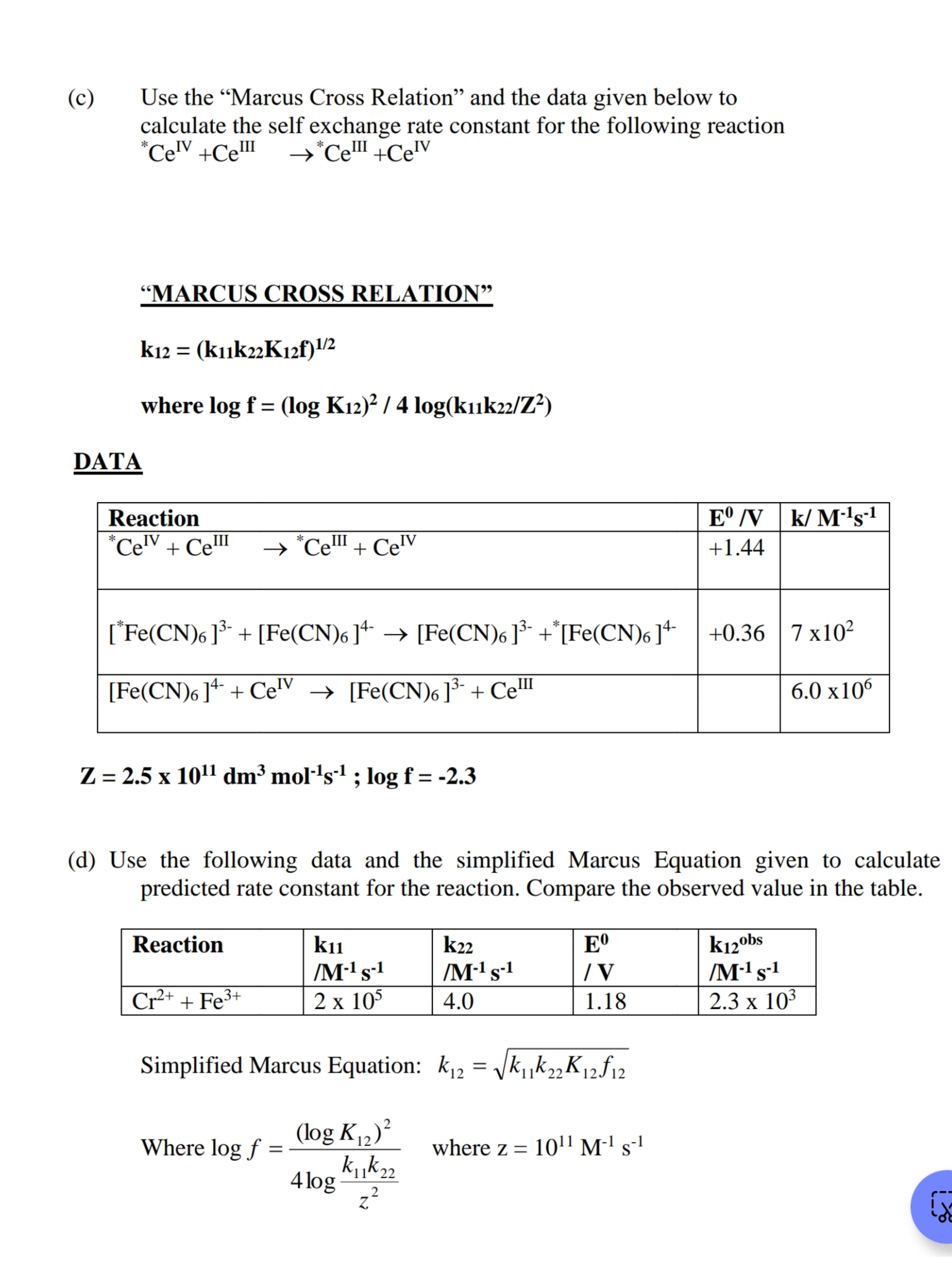 Solved C ﻿use The Marcus Cross Relation And The Data