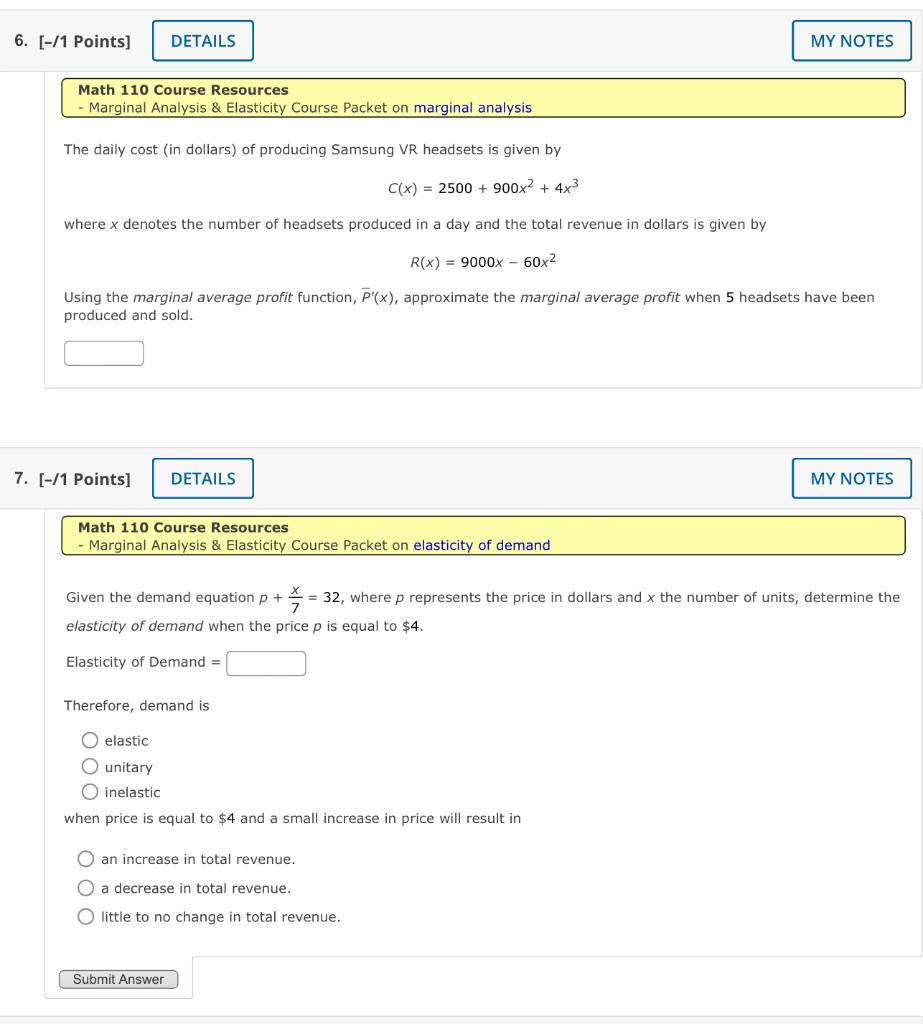 Solved 6. [-/1 Points] DETAILS MY NOTES Math 110 Course | Chegg.com