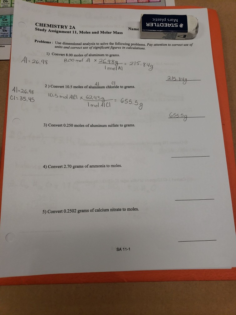 Solved Db Ce CHEMISTRY 2A Study Assignment 11, Moles and | Chegg.com