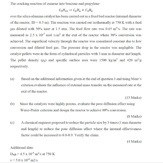 The cracking reaction of cumene into benzene and | Chegg.com