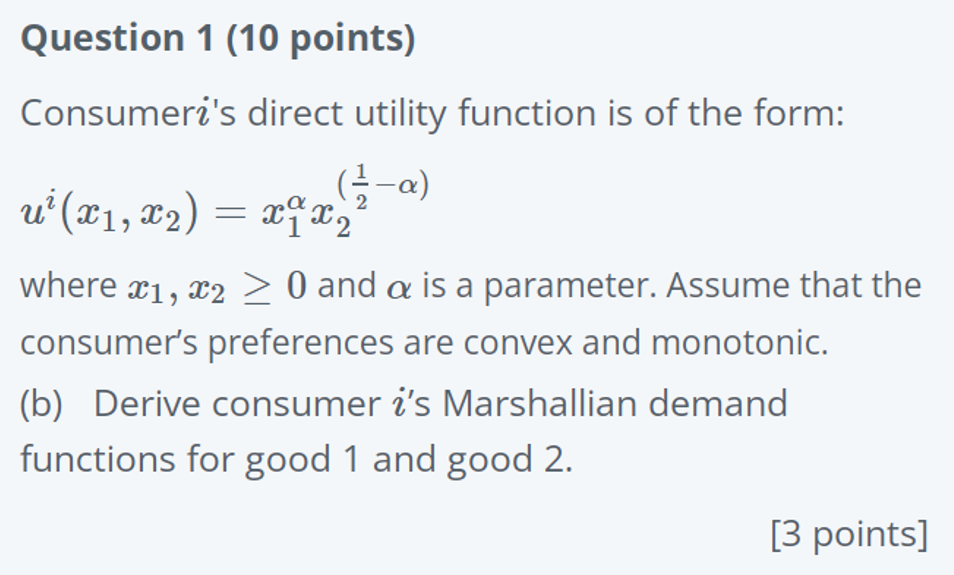 Solved Question 1 (10 points) = = Consumeri's direct utility | Chegg.com