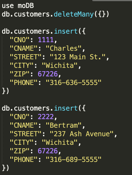use moDB db.orders.deleteMany({}) db.orders.insert({ | Chegg.com
