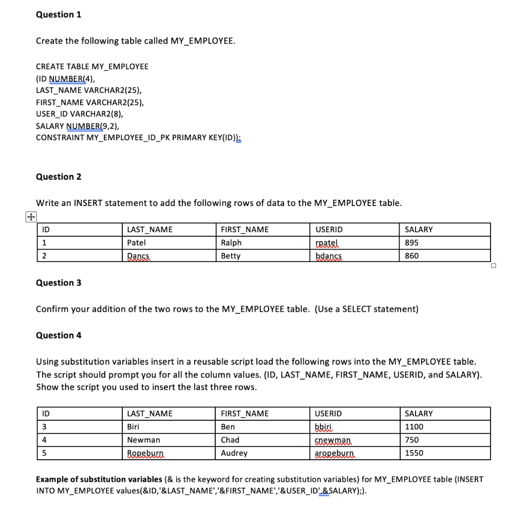 Solved Create the following table called MY_EMPLOYEE. CREATE | Chegg.com