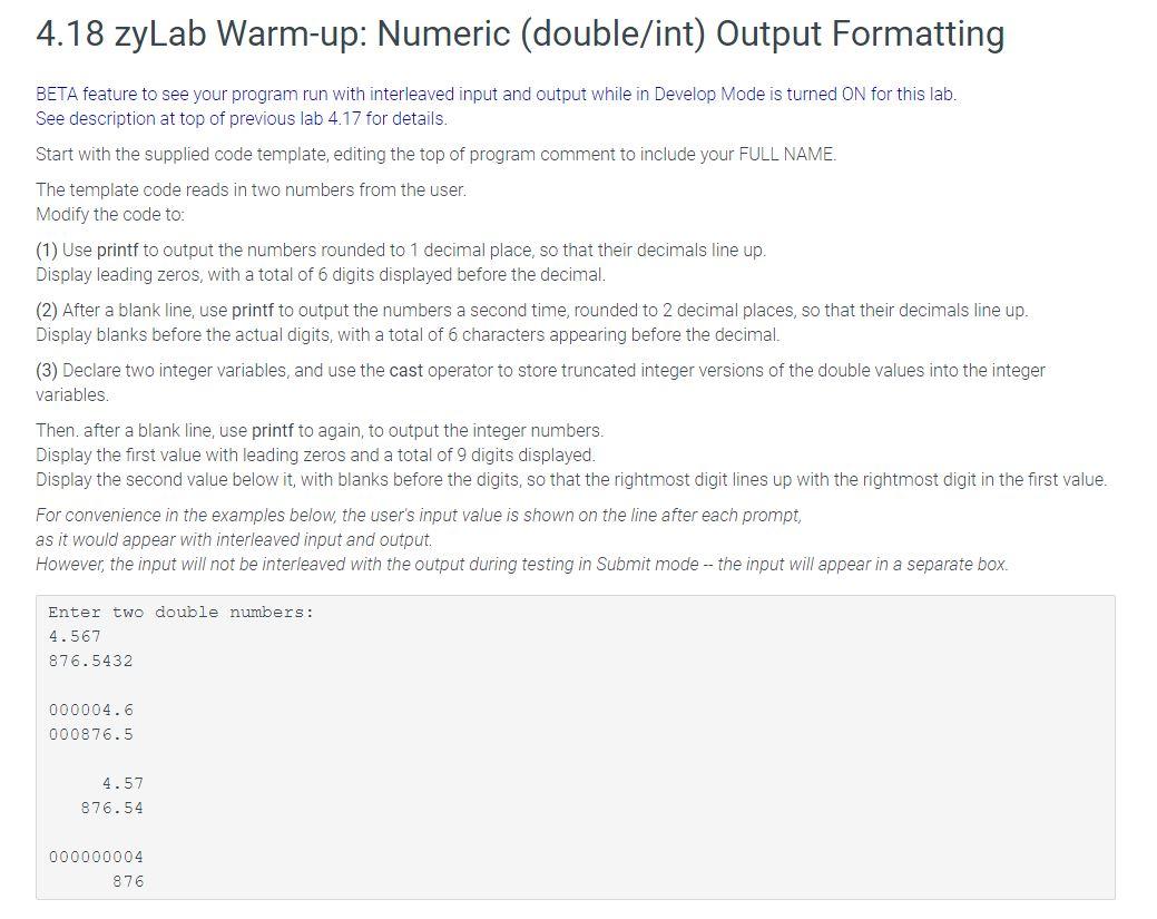 Solved Java Language 418 Zylab Warm Up Numeric 