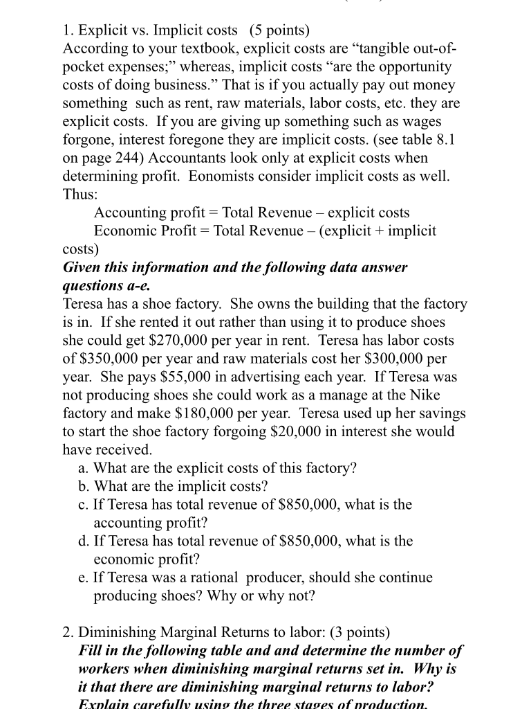 Solved 1. Explicit vs. Implicit costs (5 points) According | Chegg.com