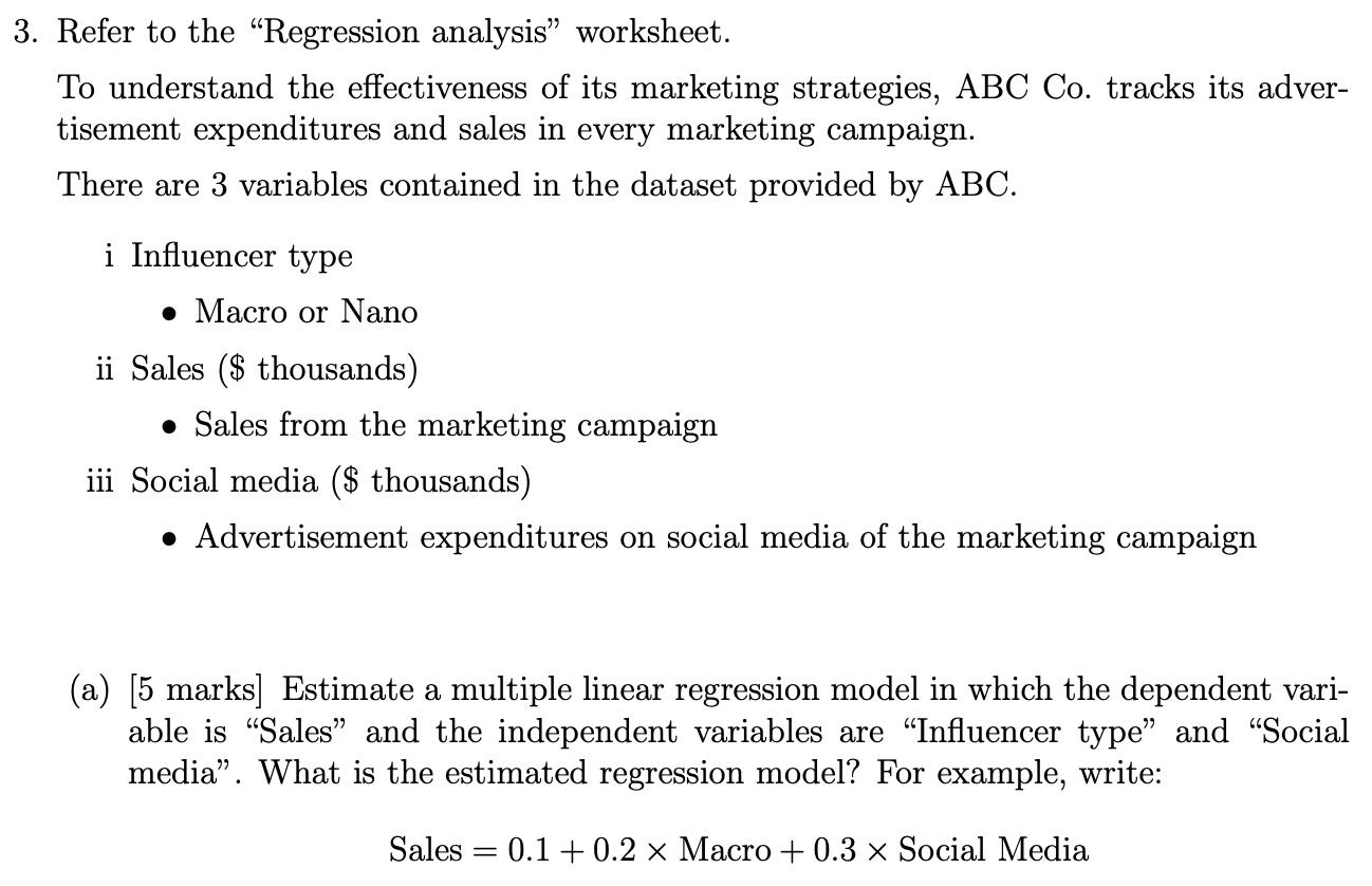 Solved 3. Refer to the “Regression analysis” worksheet. To | Chegg.com