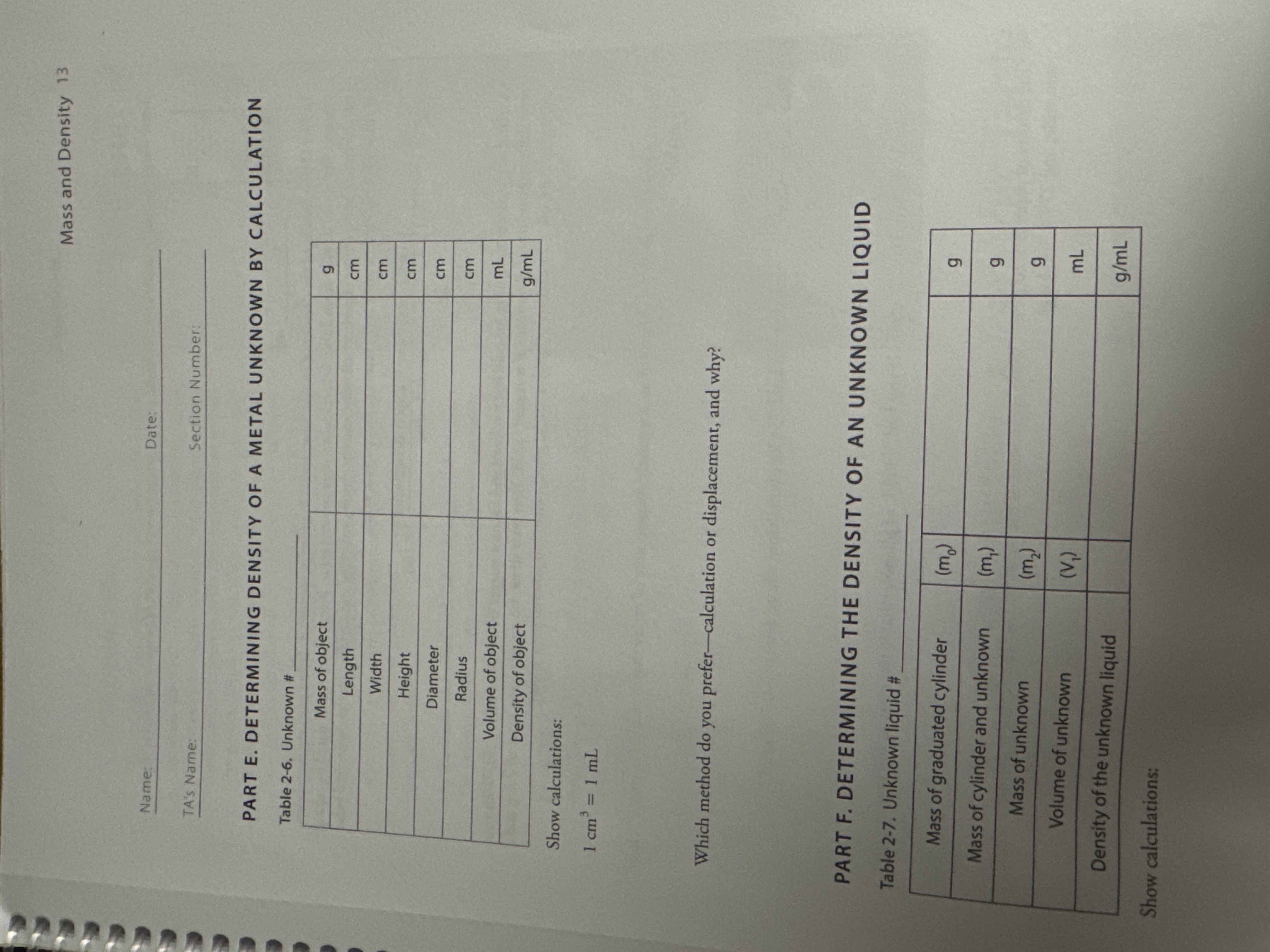 PART E. ﻿DETERMINING DENSITY OF A METAL UNKNOWN BY | Chegg.com