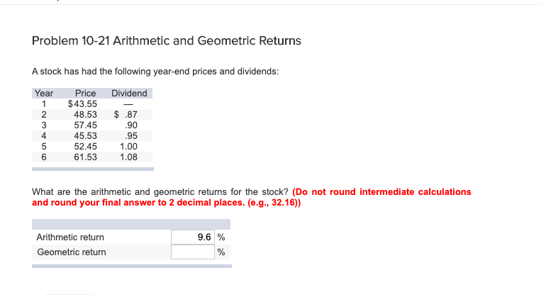 Solved Problem 10-21 Arithmetic and Geometric Returns A | Chegg.com