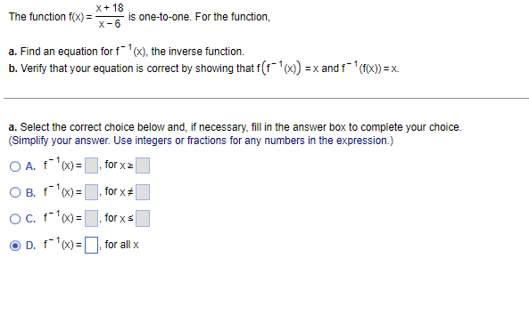 Solved The function f(x)=x−6x+18 is one-to-one. For the | Chegg.com