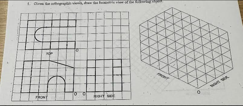 Solved Given the orthographic views, draw the Tsometric view | Chegg.com