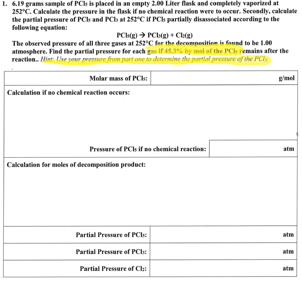 6.19 grams sample of PCls is placed in an empty 2.00 | Chegg.com