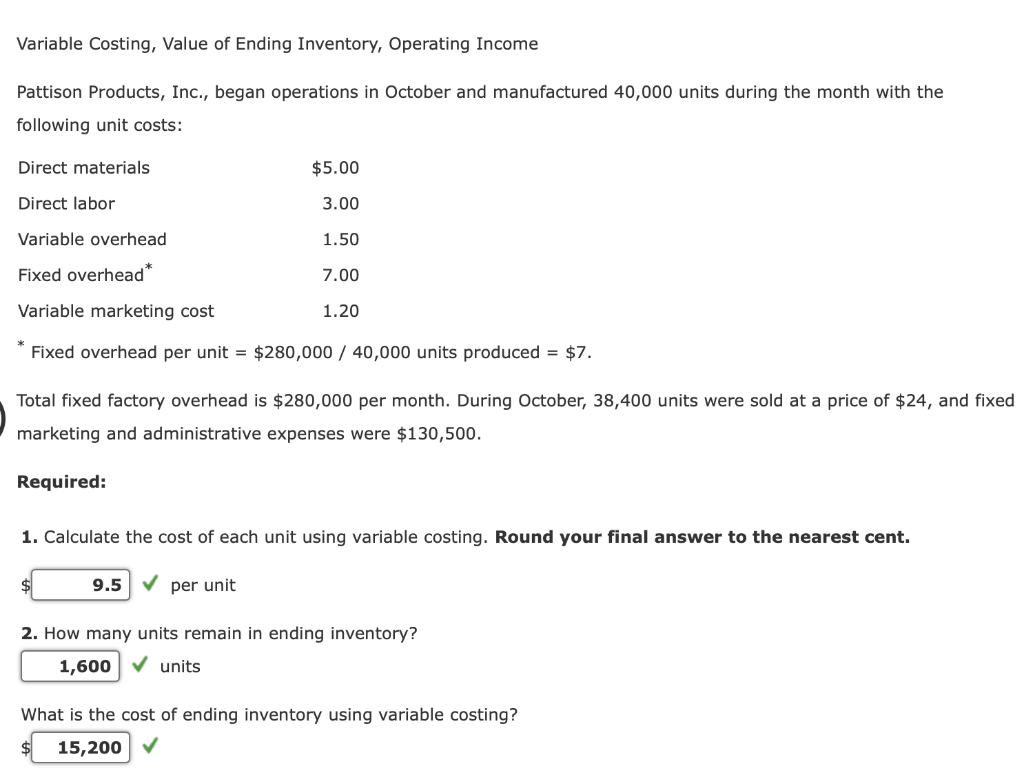 Solved Variable Costing, Value of Ending Inventory, | Chegg.com